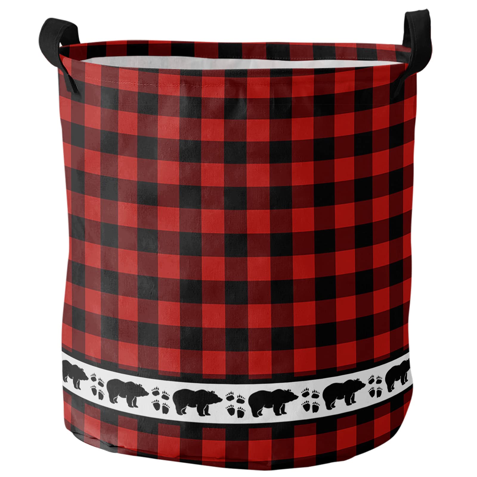 Forest Animals Large Laundry Hamper Collapsible with Handles, Waterproof Dirty Clothes Hamper Baby Nursery for Kids Room Dorm Storage, Bear Footprints with Red and Black Grid