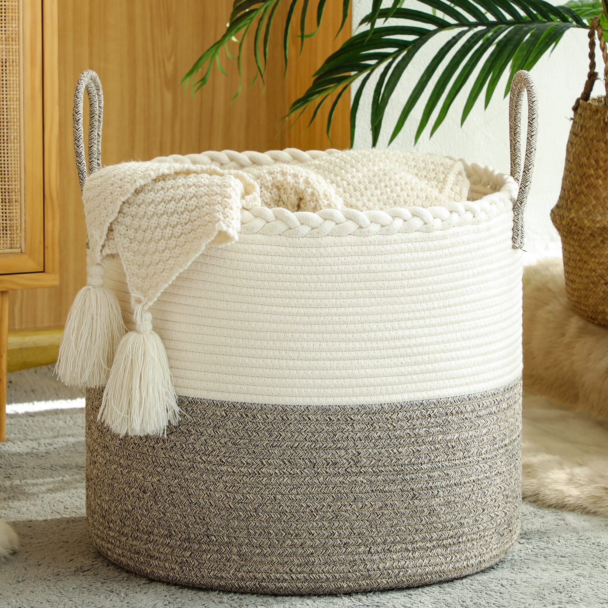 KAKAMAY Large Cotton Rope Blanket Basket (20"x13"),Woven Baby Laundry Hamper,Blanket Basket for Nursery, Laundry, Living Room, Pillows, Toys with Handles (White/Beige)