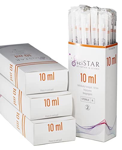 SciStar 10mL Disposable Polystyrene Serological Pipettes, Individually Wrapped, Sterile, Standard Length, Laboratory Grade (Case of 200)