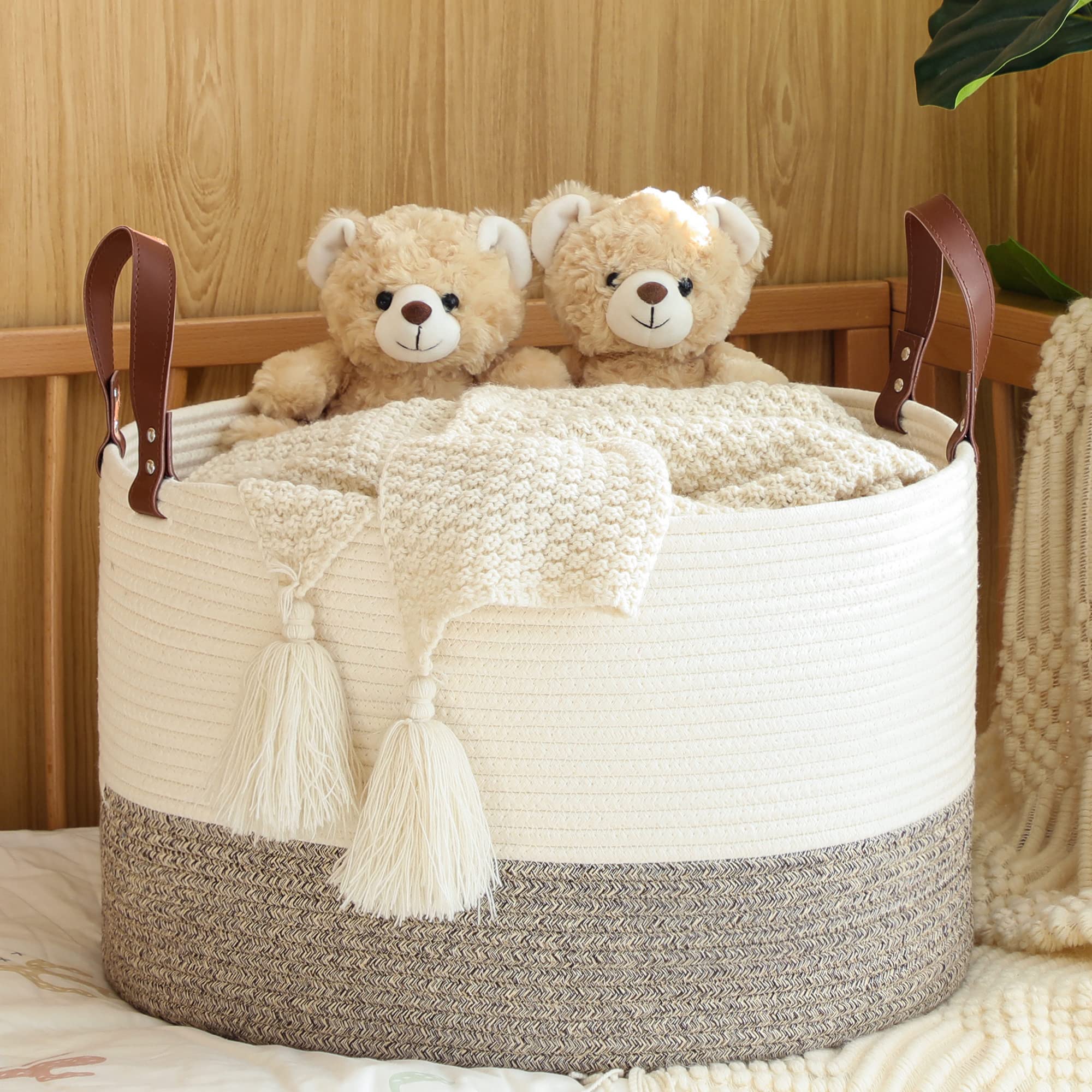 KAKAMAY Large Cotton Rope Blanket Basket (20"x13"),Woven Baby Laundry Hamper,Blanket Basket for Nursery, Laundry, Living Room, Pillows, Toys with Handles (White/Beige)