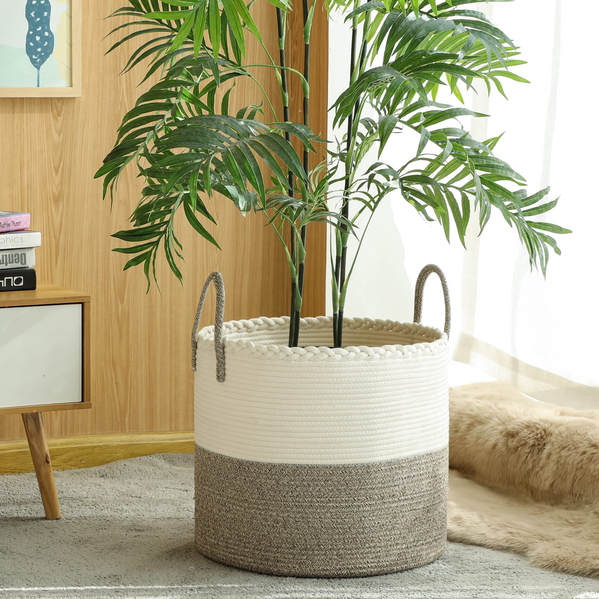 KAKAMAY Large Cotton Rope Blanket Basket (20"x13"),Woven Baby Laundry Hamper,Blanket Basket for Nursery, Laundry, Living Room, Pillows, Toys with Handles (White/Beige)