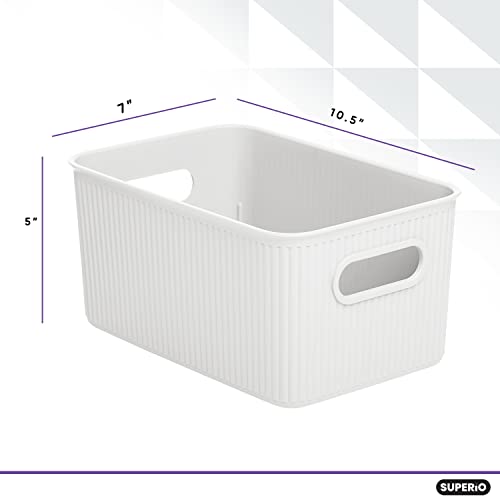 Superio Ribbed Collection - Decorative Plastic Open Home Storage Bins Organizer Baskets, Medium White (2 Pack) Container Boxes for Organizing Closet Shelves Drawer Shelf 5 Liter