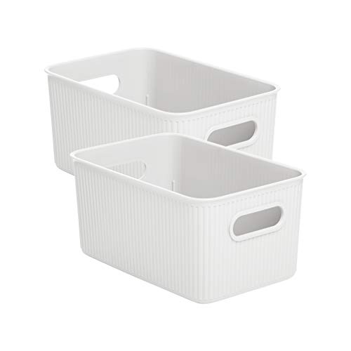 Superio Ribbed Collection - Decorative Plastic Open Home Storage Bins Organizer Baskets, Medium White (2 Pack) Container Boxes for Organizing Closet Shelves Drawer Shelf 5 Liter