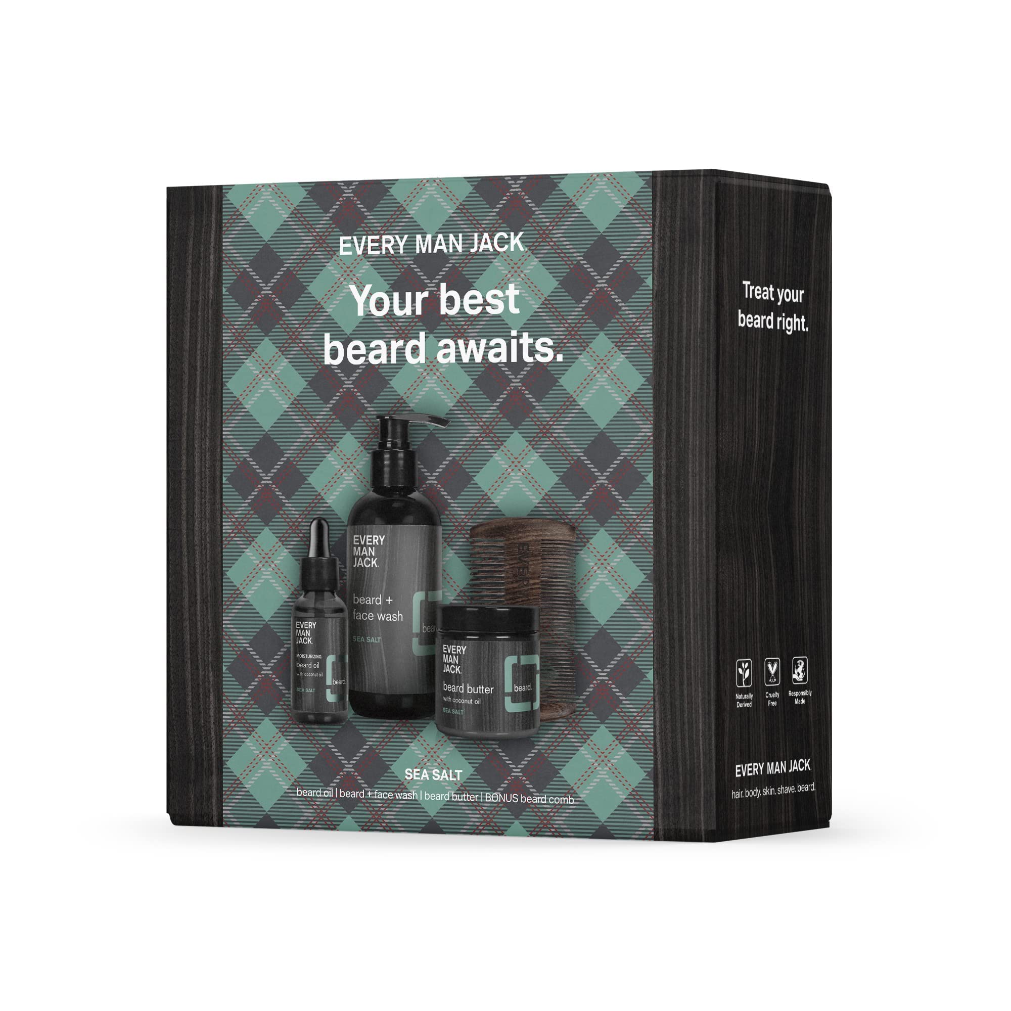Every Man Jack Mens Sea Salt Beard Kit - Perfect for Every Guy - Includes Four Full-Sized Grooming Essentials - Beard + Face Wash, Beard Oil, Beard Butter + Beard Comb