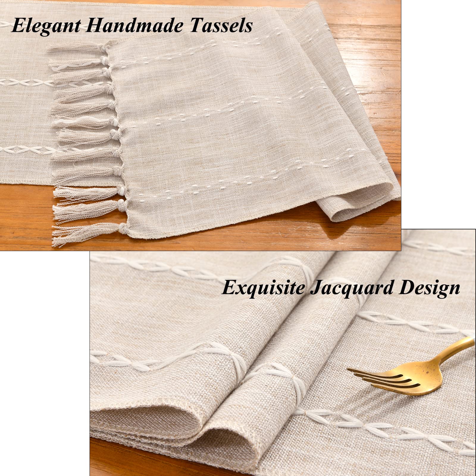 Wracra Rustic Linen Table Runner Farmhouse Style Table Runners 72 inches Long Embroidered Fall Table Runner with Hand-Tassels for Party, Dresser and Dining Room Decorations(Light Coffee, 13"×72")