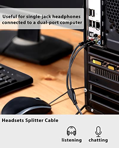 SOLMIMI Headset Splitter Cable for PC 3.5mm Crystal-Nylon Braid 3.5mm Female to Dual 3.5mm TRS Male Headphone Mic Audio Y Splitter Cable CTIA Gaming Headset to PC Adapter - Matte Black 0.3M