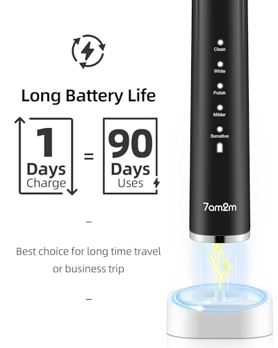 7AM2M Electric Toothbrush 2 Pack Set for Kids and Adults, 12 Brush Heads,5 Adjustable Modes, Built-in 2-Minute Smart Timer,Wireless Fast Charge for 60 Days,IPX7 Waterproof SonicToothbrush(Black+Pink)