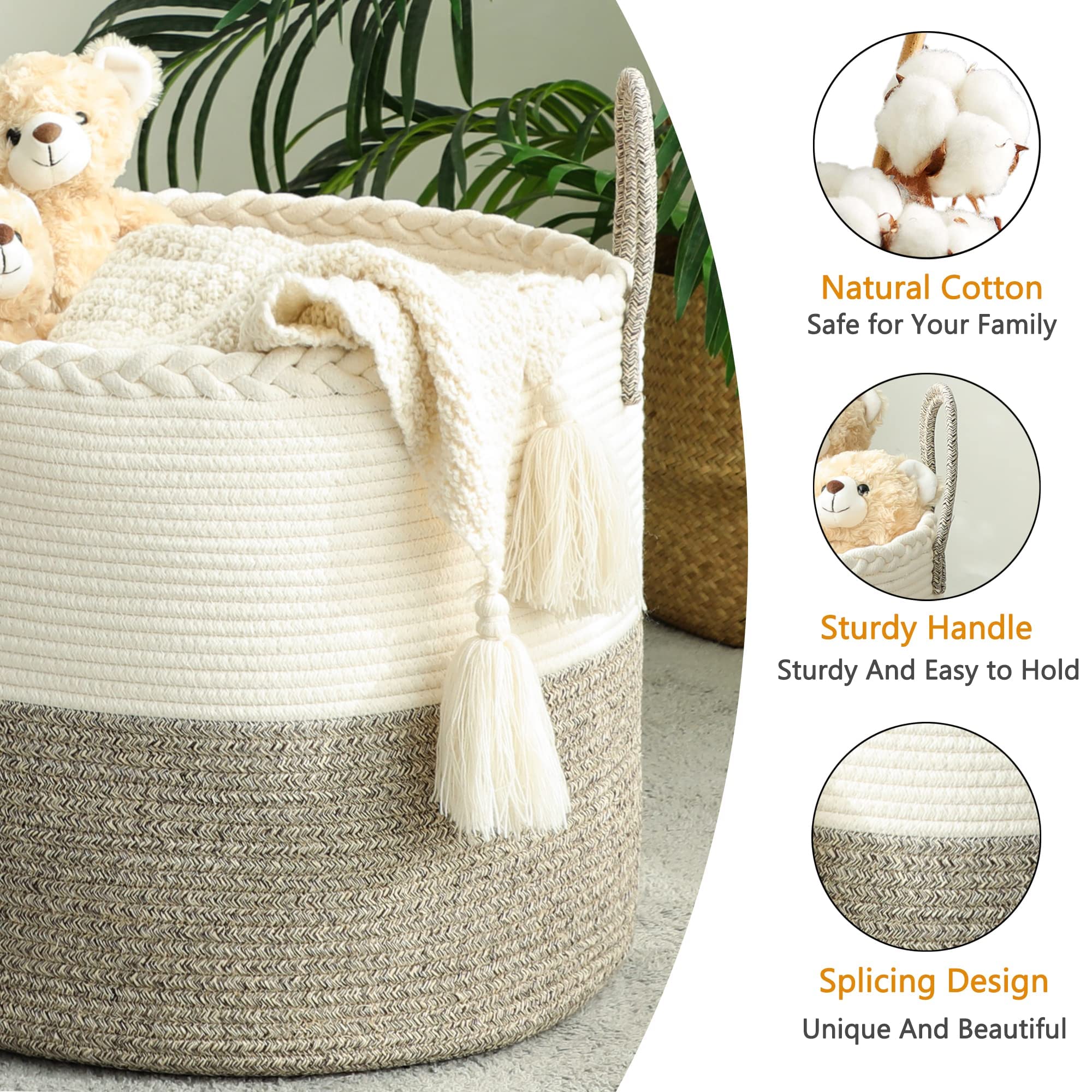 KAKAMAY Large Cotton Rope Blanket Basket (20"x13"),Woven Baby Laundry Hamper,Blanket Basket for Nursery, Laundry, Living Room, Pillows, Toys with Handles (White/Beige)