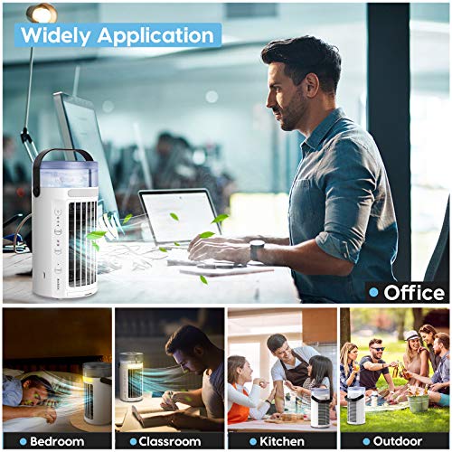 Portable Air Conditioner Fan, MAXROCK Portable AC Personal Mini Air Cooler 3 Speed Super Quiet Desk Air Cooling Fan 7 Colors LED Light for Personal Use Small Room