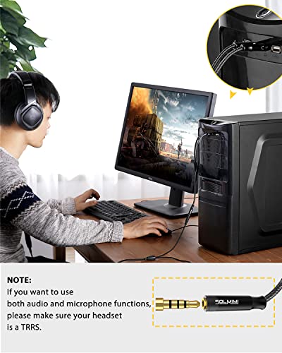 SOLMIMI Headset Splitter Cable for PC 3.5mm Crystal-Nylon Braid 3.5mm Female to Dual 3.5mm TRS Male Headphone Mic Audio Y Splitter Cable CTIA Gaming Headset to PC Adapter - Matte Black 0.3M