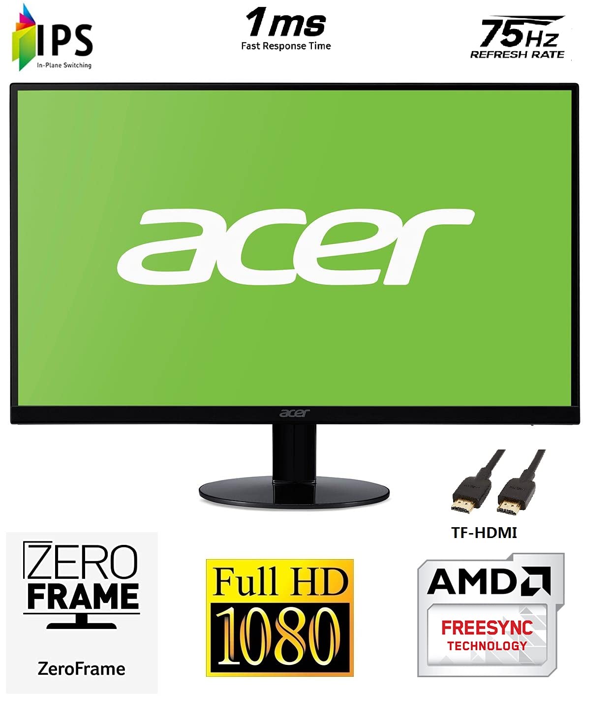 acer New Premium SB270BB 27" FHD IPS Ultra-Thin Zero Frame LED Monitor: AMD Radeon FREESYNC Tech, 1ms VRB, 75Hz Refresh Rate, 16.7M Color, Aspect Ratio 16:9, VGA, HDMI, TF-VGA/HDMI Cable