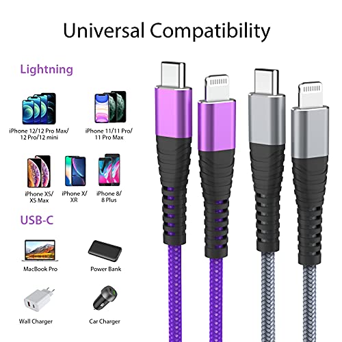 USB C to Lightning Cable(2pack 10ft)-Oliomp (Apple MFi Certified) iPhone Charger Nylon Braided Lightning Cables for iPhone 13/13ProMax/13Mini/12/11 Pro Max/XS/XR/X/8/7/6S/6Plus/5S(Purple and Gray)