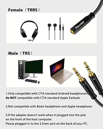 SOLMIMI Headset Splitter Cable for PC 3.5mm Crystal-Nylon Braid 3.5mm Female to Dual 3.5mm TRS Male Headphone Mic Audio Y Splitter Cable CTIA Gaming Headset to PC Adapter - Matte Black 0.3M