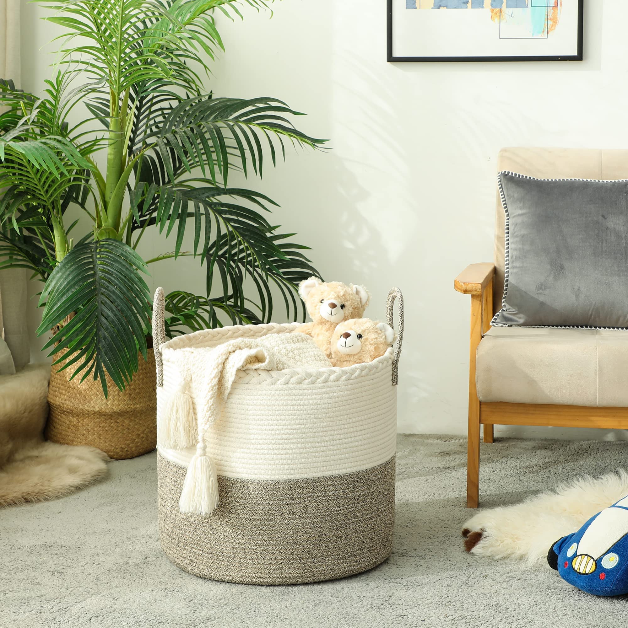 KAKAMAY Large Cotton Rope Blanket Basket (20"x13"),Woven Baby Laundry Hamper,Blanket Basket for Nursery, Laundry, Living Room, Pillows, Toys with Handles (White/Beige)