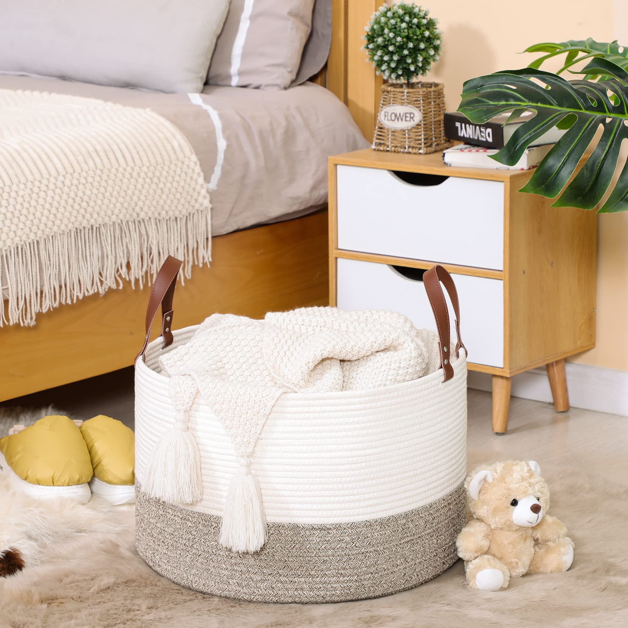 KAKAMAY Large Cotton Rope Blanket Basket (20"x13"),Woven Baby Laundry Hamper,Blanket Basket for Nursery, Laundry, Living Room, Pillows, Toys with Handles (White/Beige)