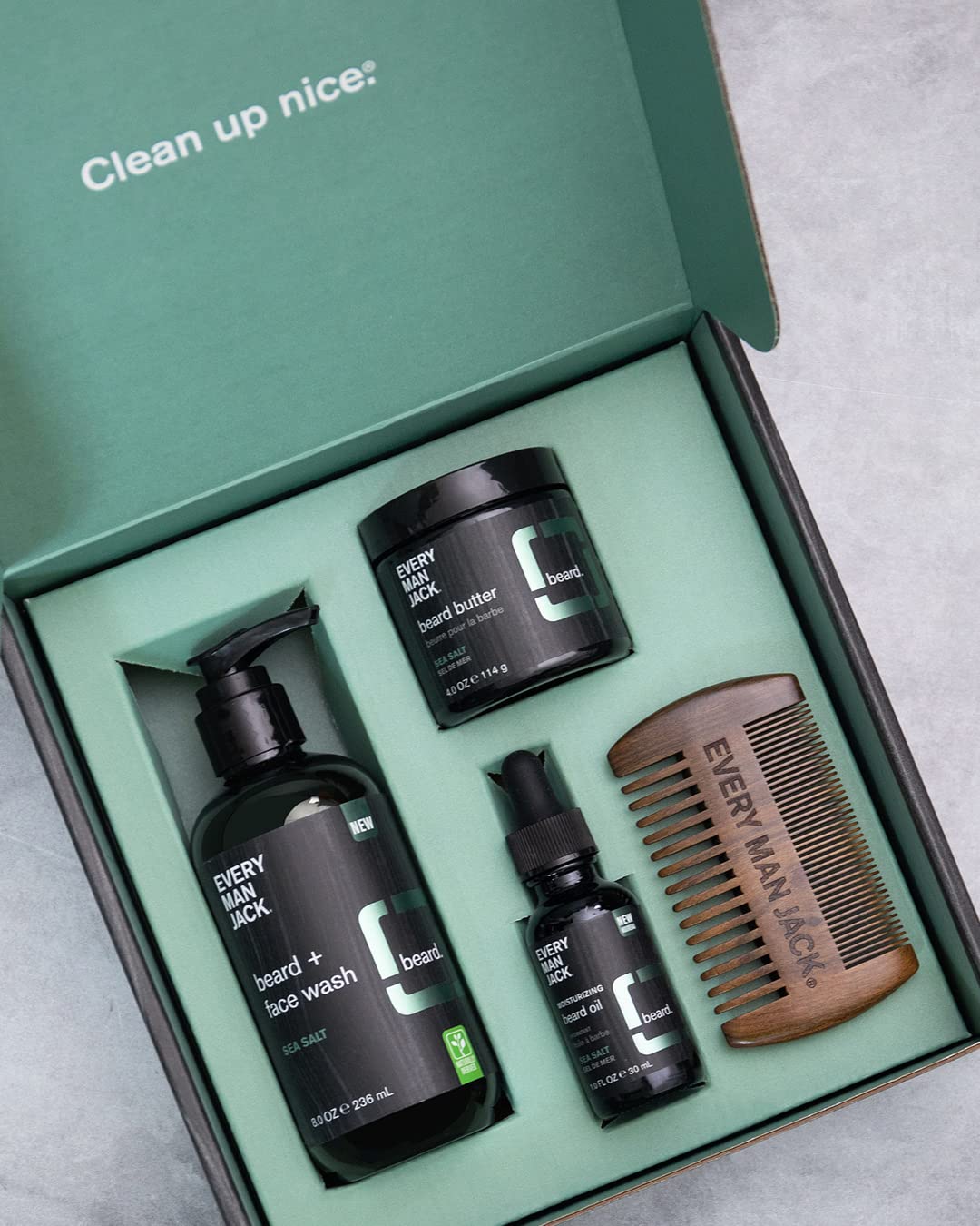 Every Man Jack Mens Sea Salt Beard Kit - Perfect for Every Guy - Includes Four Full-Sized Grooming Essentials - Beard + Face Wash, Beard Oil, Beard Butter + Beard Comb