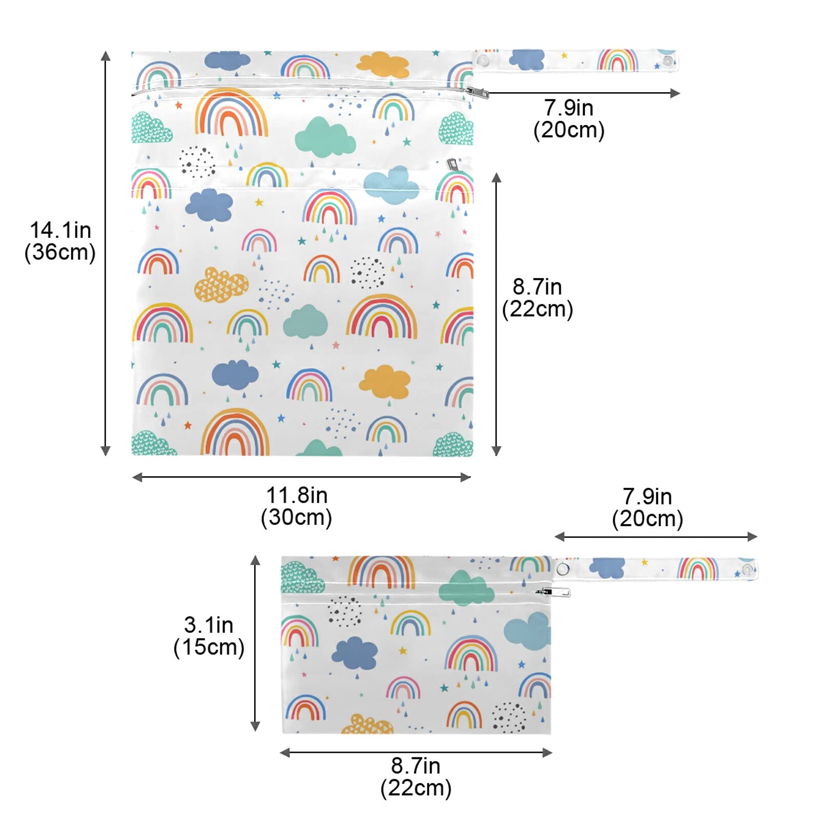 JXDXHCW Waterproof Wet Bag 2 Pack Cute Cartoon Rainbow Pattern Cloth Diaper Bag Travel Swimsuit Pool Gym Clothes Cosmetic 2 Zipper Pockets Dry Wet Pouch Set