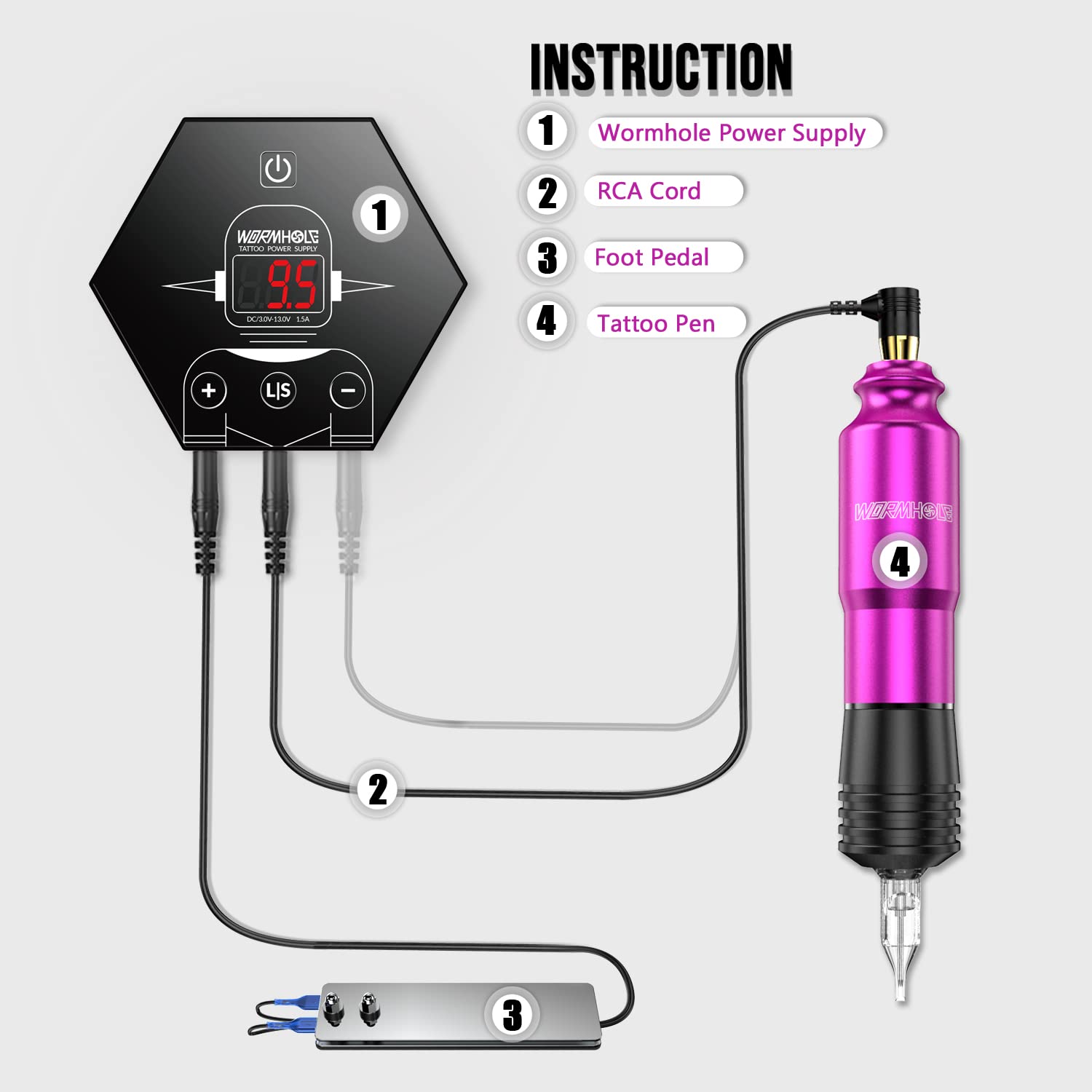 Wormhole Rotary Tattoo Machine Kit - 40 Cartridges, 20 Inks, Power Supply - Complete Professional Tattoo Pen Set for Beginners and Artists