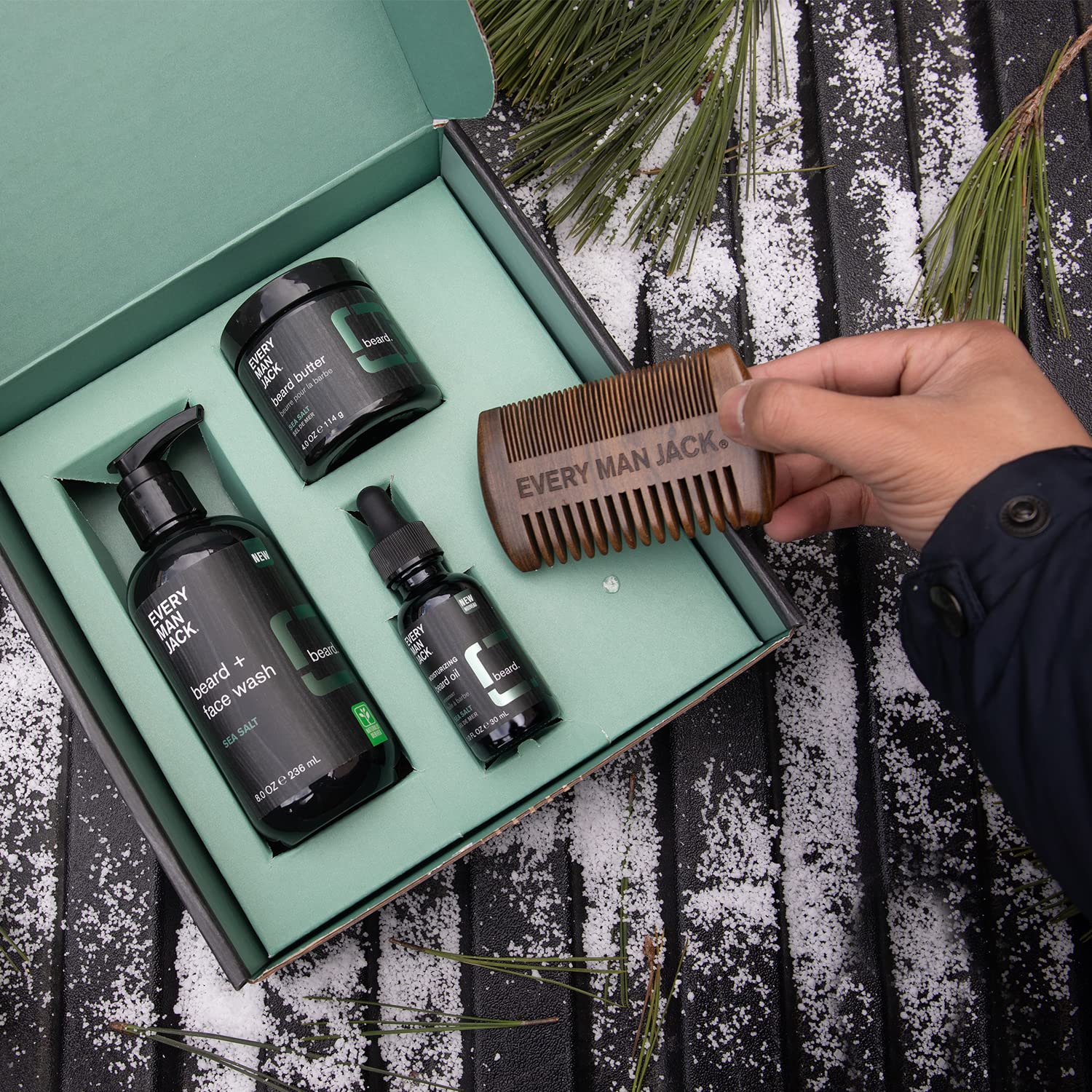 Every Man Jack Mens Sea Salt Beard Kit - Perfect for Every Guy - Includes Four Full-Sized Grooming Essentials - Beard + Face Wash, Beard Oil, Beard Butter + Beard Comb