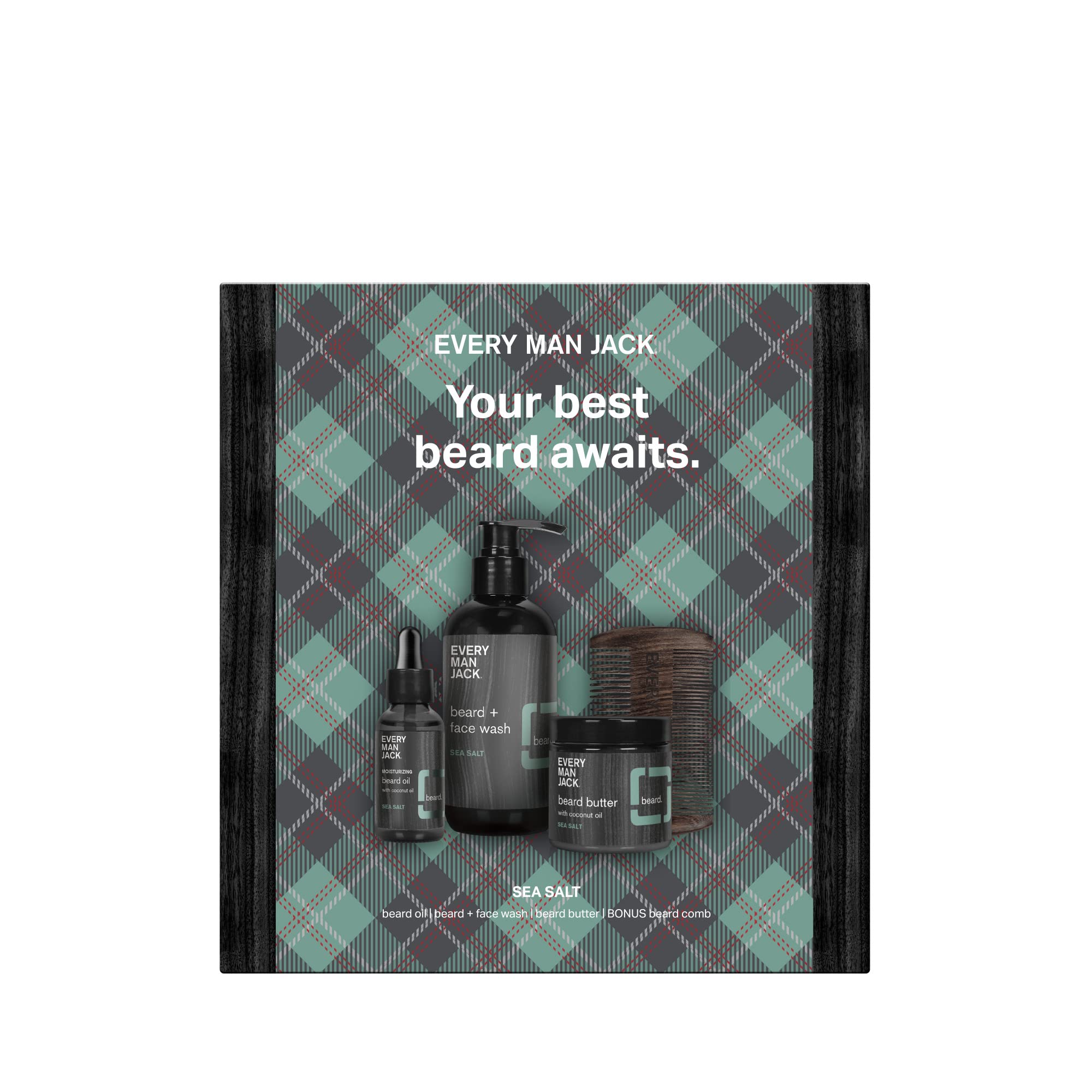 Every Man Jack Mens Sea Salt Beard Kit - Perfect for Every Guy - Includes Four Full-Sized Grooming Essentials - Beard + Face Wash, Beard Oil, Beard Butter + Beard Comb
