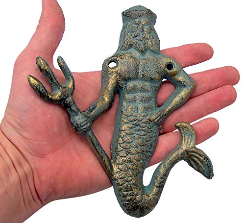 Green Cast Iron King Neptune Wall Hooks, Set of 2, 6.5 Inches