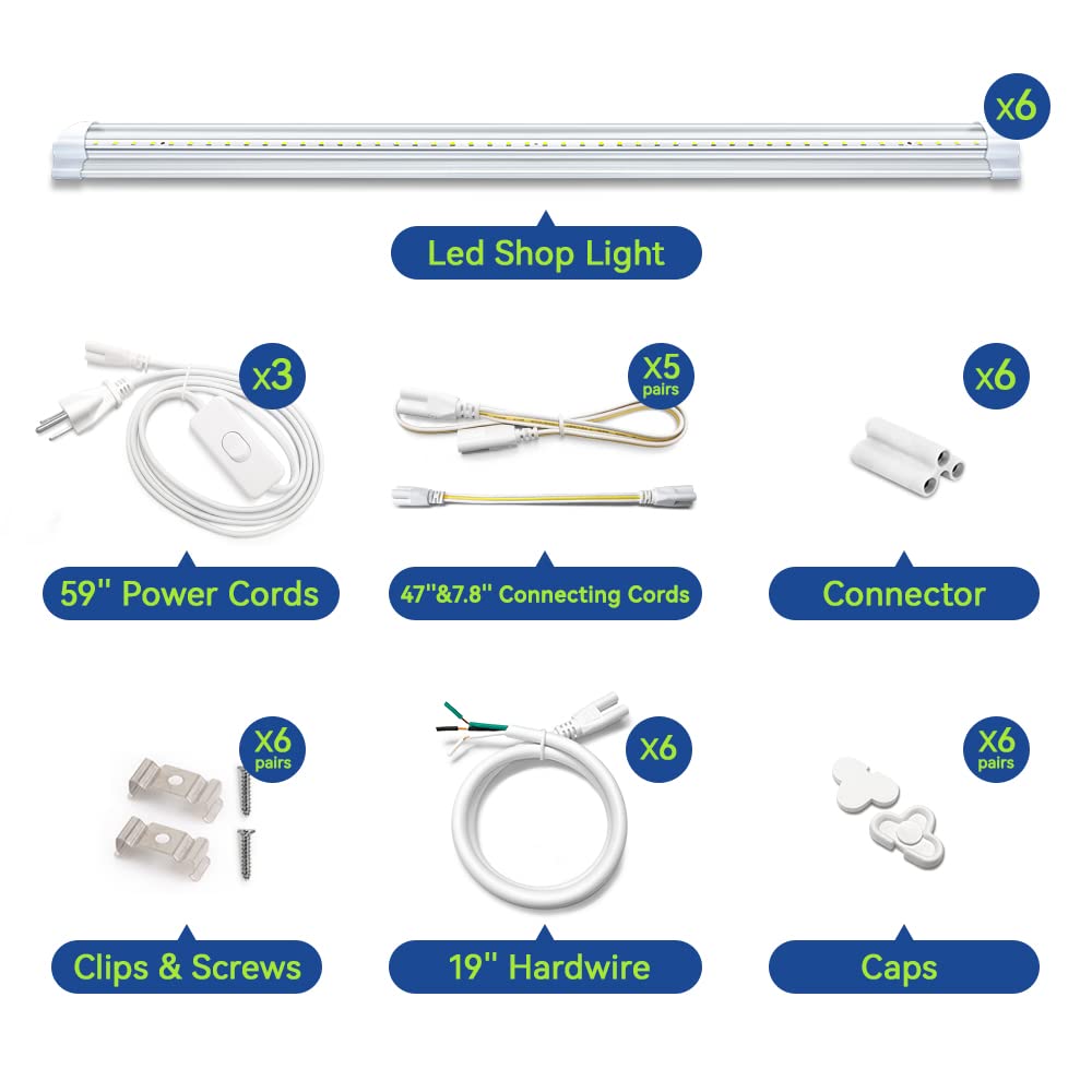 Monios-L LED Shop Light 2FT 5000K 20W, T8 V-Shaped 2500lm Daylight,Linkable Utility Ceiling Lights, Garage Lighting, Integrated LEDs Tubes for Workshop, Workbench, Basement, Plug & Play 6-Pack