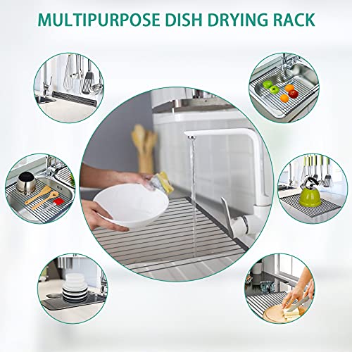 Roll Up Dish Drying Rack, 20.4’’ x 14.1’’ Over The Sink Multipurpose Roll Up Dish Rack Kitchen Portable Roll Up Sink Drying Rack, Anti-Slip Silicone Rolling Dish Drainer for Kitchen Counter