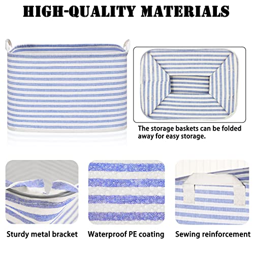PFFVRP Storage Bins, Foldable Fabric Closet Storage Basket with Dual Handles, Strudy Storage Baskets for Shelves, Storage Boxes for Organizing, 3-Pack (Blue Stripes)