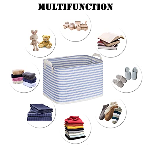 PFFVRP Storage Bins, Foldable Fabric Closet Storage Basket with Dual Handles, Strudy Storage Baskets for Shelves, Storage Boxes for Organizing, 3-Pack (Blue Stripes)