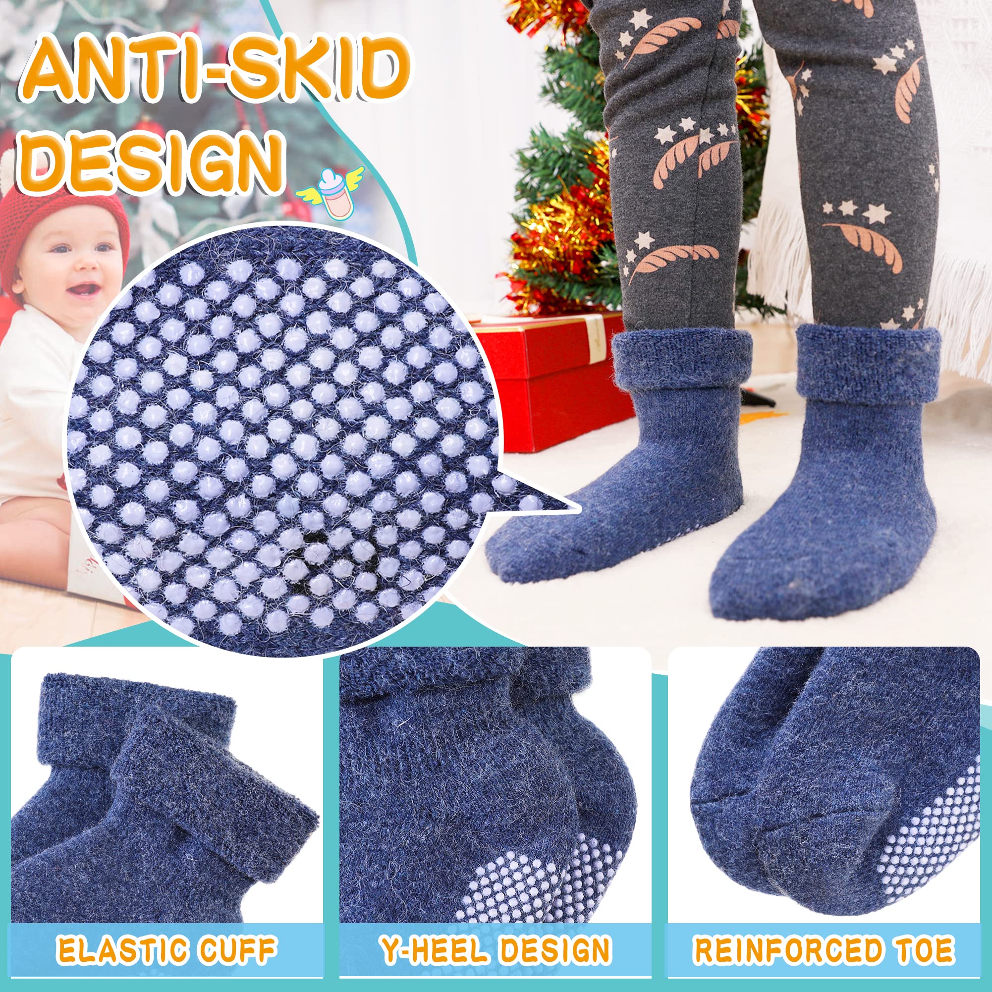 Eyean Baby Wool Grip Sock Soft Winter Warm Thick Non Slip Toddler Boy Girls Crew Socks For Children 6 Pairs (Solid Color, 1-3 Years)
