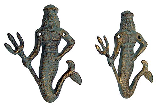 Green Cast Iron King Neptune Wall Hooks, Set of 2, 6.5 Inches