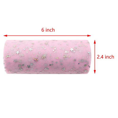 Ruiwaer 10 Yard Pink Star Sequins Tulle Sparkling Tulle 6" Width Tulle Roll for Handmade Crafts Such as Bows, Skirts or Gift Wrapping
