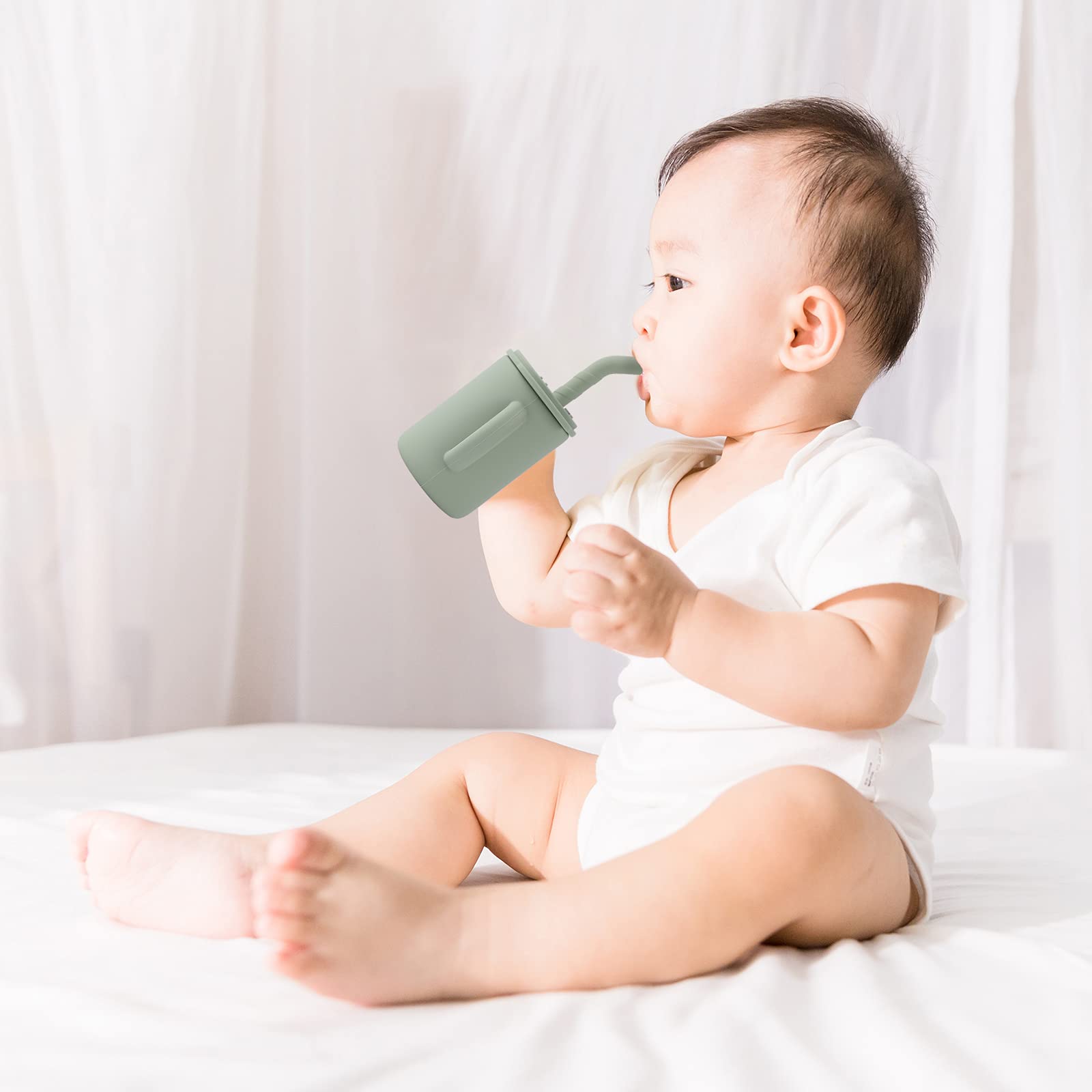TOPGOMES Toddler Straw Cup with 2 Handlers, Food Grade Silicone Training Cup for Baby, Unbreakable, Come with Straw Brush, BPA Free, 5 oz (Sage)