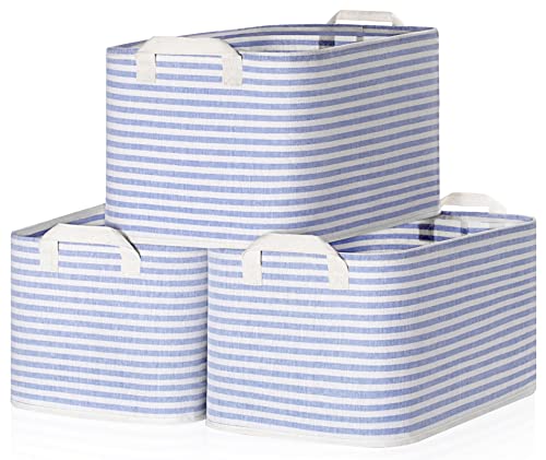 PFFVRP Storage Bins, Foldable Fabric Closet Storage Basket with Dual Handles, Strudy Storage Baskets for Shelves, Storage Boxes for Organizing, 3-Pack (Blue Stripes)