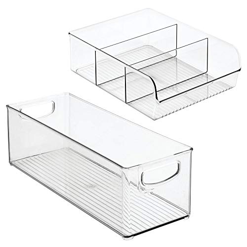 mDesign Kitchen Plastic Storage Organizer Combo Set of 2 Bins - For Kitchen, Pantry, Cabinet, Fridge/Freezer for Organizing Snacks, Produce, Vegetables, Pasta Food, 2 Piece Set - Clear
