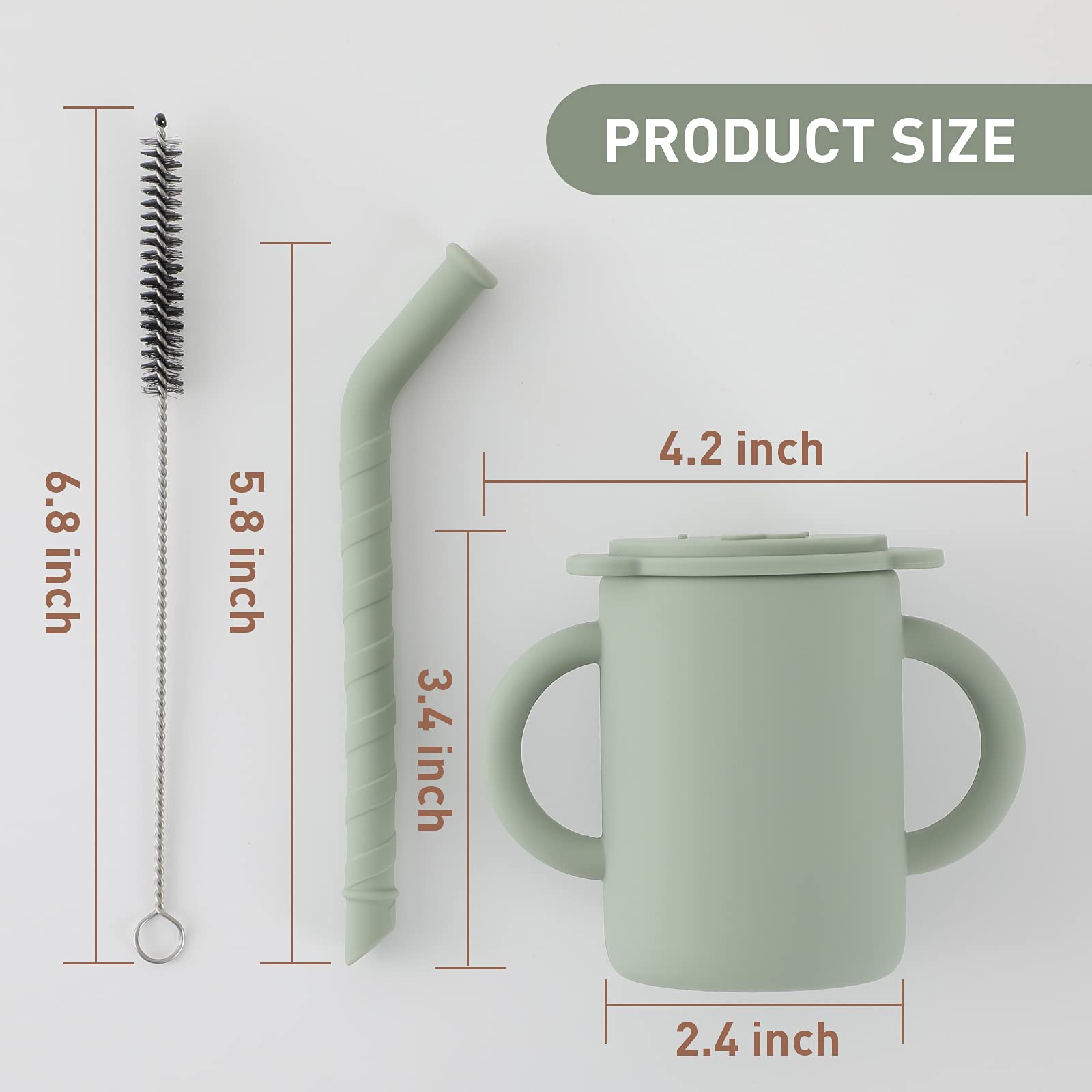 TOPGOMES Toddler Straw Cup with 2 Handlers, Food Grade Silicone Training Cup for Baby, Unbreakable, Come with Straw Brush, BPA Free, 5 oz (Sage)