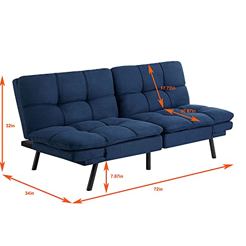 Memory Foam Futon Sofa Bed Couch Sleeper Convertible Foldable Blue Suede
