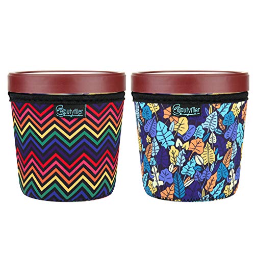 Beautyflier 2-Pieces Pint Sized Ice Cream Cozy Thicken Neoprene Ice Cream Sleeves with Elastic Handle Cover (Geometry + Plant)