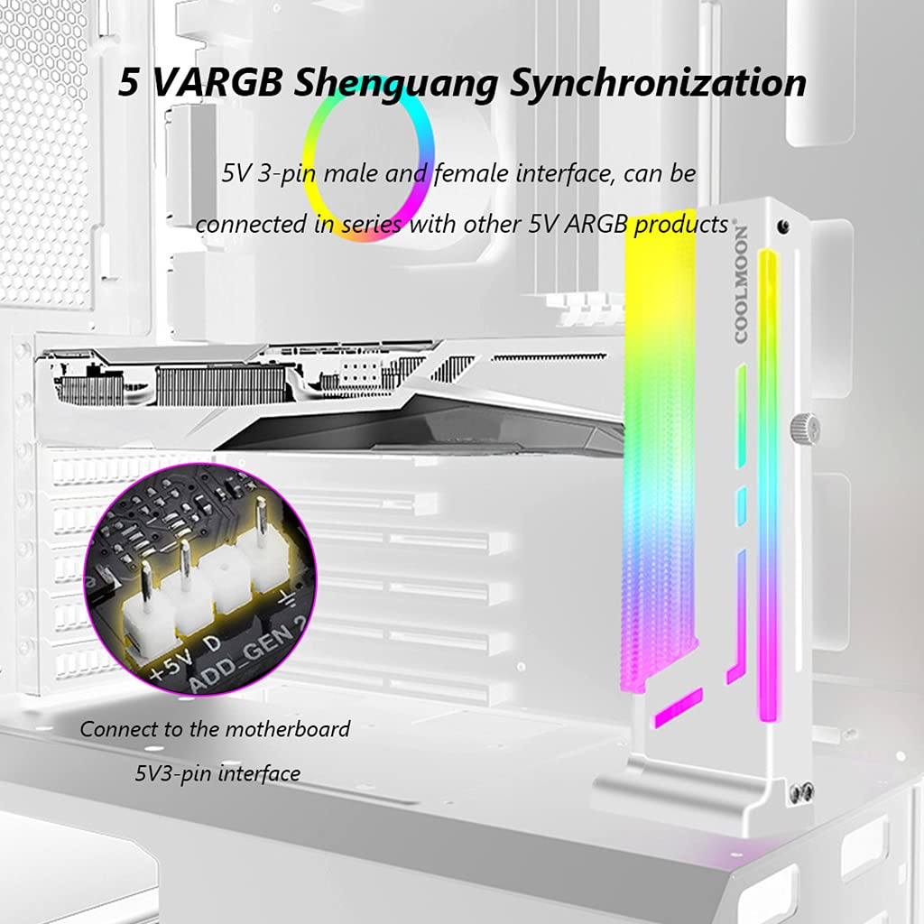 S-YUWEN RGB GPU Holder Coolmoon CM-GH2 Colorful Graphics Card 5V 3 Pin Vertical Support Video Bracket Frame ARGB Sync Jack, Sag Holder/Holster, White, 2.44x1.38x6.89in