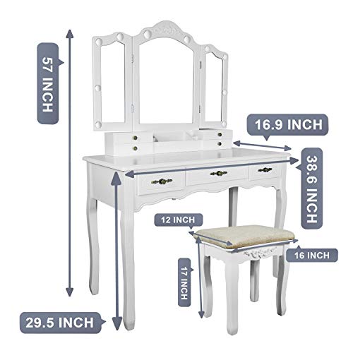 ENSTVER Vanity Set with 10 Hollywood LED Light Bulbs,Makeup Table with Stool and Mirror,6 Organization 7 Drawers,Dressing Table for Bedroom,Pure White