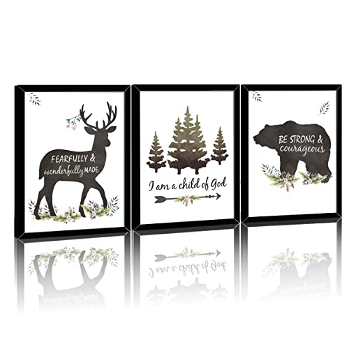 KAIRNE Framed Woodland Motivational Quote Wall Decor, Bible Verse Wall Art for Baby Room Classroom,Set of 3 8X10inch Adventure Woodland Canvas Decor with Black Frame