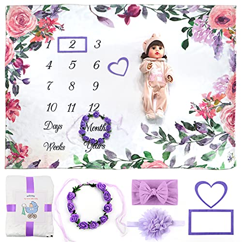 SPOKKI 6 PCS Baby Monthly Milestone Blanket Girl, 60''x40''Fleece Monthly Blanket Newborn with Headband for Photography Background Prop and Mom Nursery Shower Gift (Purple)