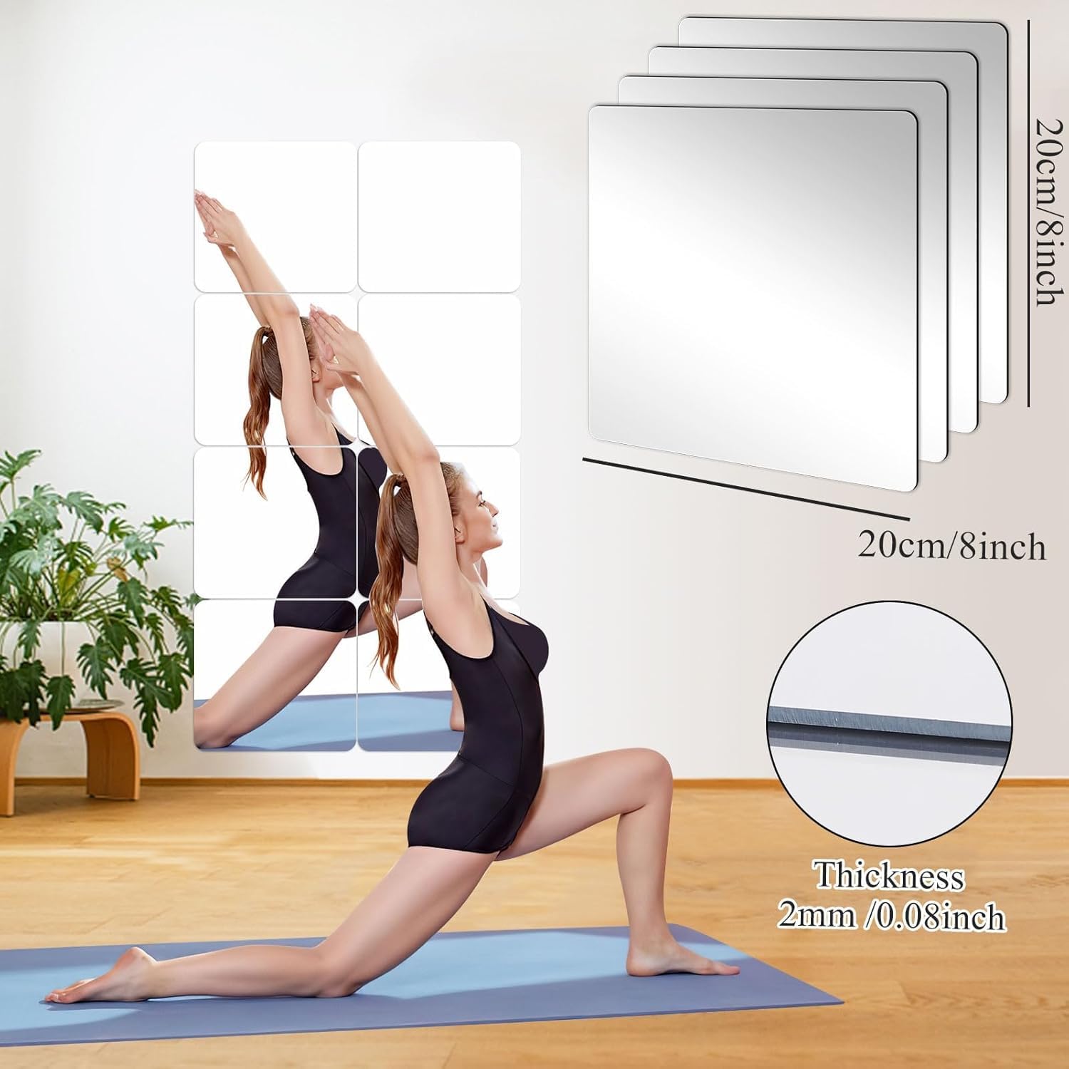 JUNEBRUSHS 4 Pack Self Adhesive Acrylic Mirror, 8 x 8 Inch Mirror Tiles,Flexible Plastic Mirror Sheets Wall Stickers,2MM Thick Mirror,Frameless Small Mirror