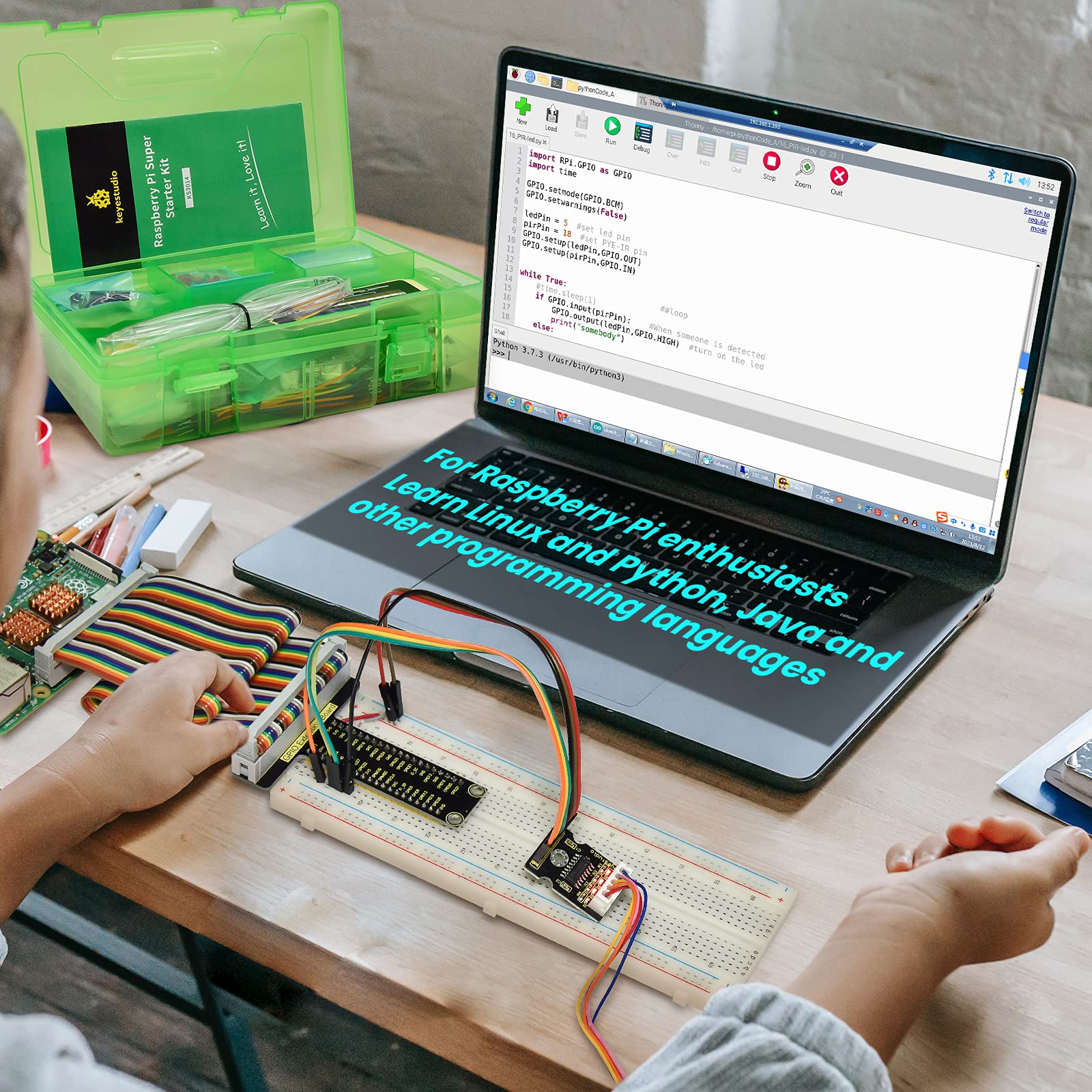 KEYESTUDIO Super Starter Kit for Raspberry Pi 4 3 3B/3B/B+, Tutorials C Language Python Java Code STEM Education Kit, Electronic Components GPIO Breakout Solderless Breadboard LCD Relay 5v Dot Matrix