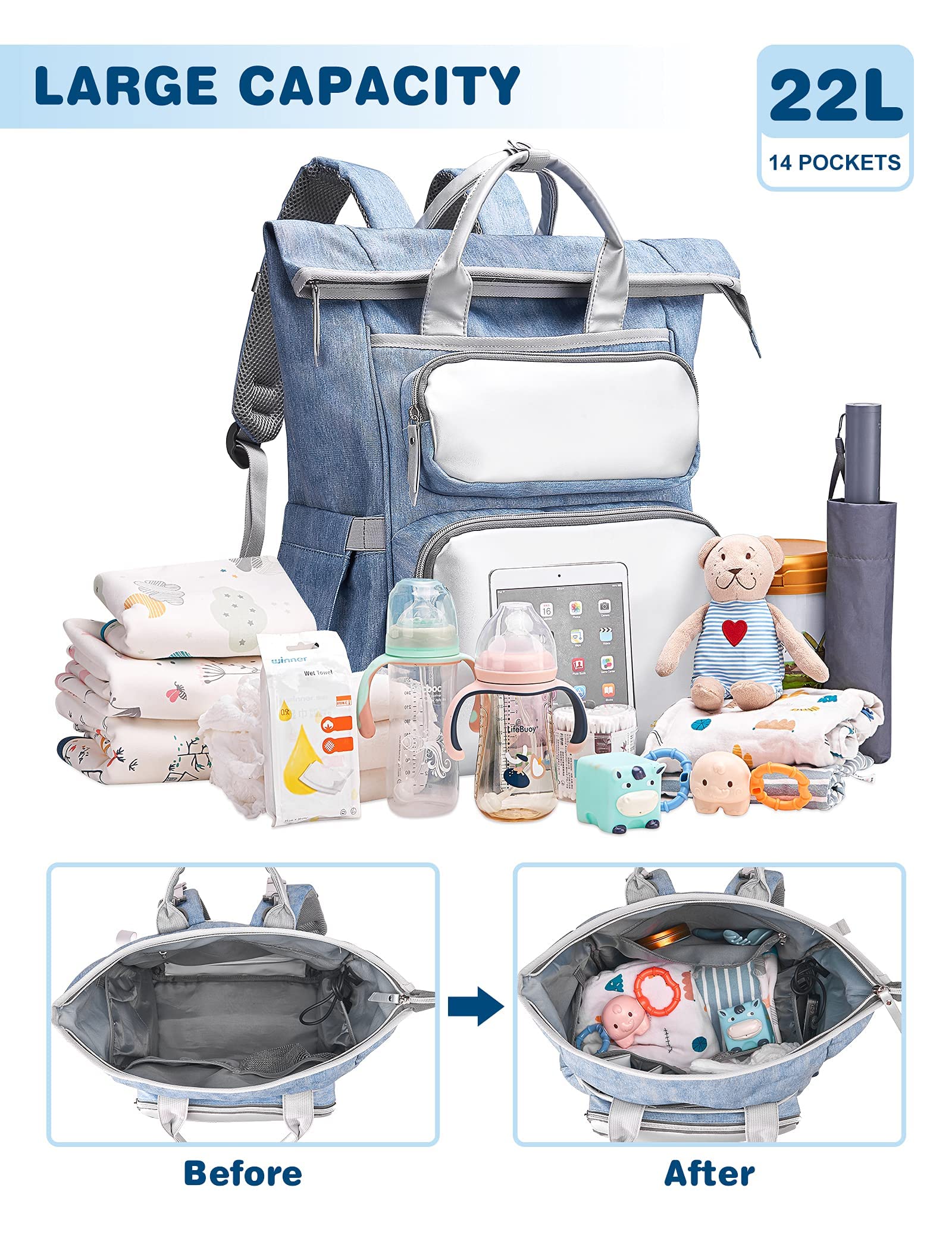 Diaper Bag Backpack, Large Baby Bag, Multi-Functional Travel Back Pack, Waterproof Maternity Nappy Bag Changing Bags with Insulated Pockets Stroller Straps
