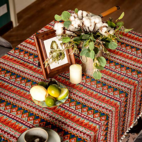 SUTAVIA Pompom Tassel Tablecloth for Bohemian Rectangle Table Covers,Wrinkle Free Linen Bohemian Style Design Table Cloth for for Dining Room, Tabletop Decoration (Red, 60"x84")