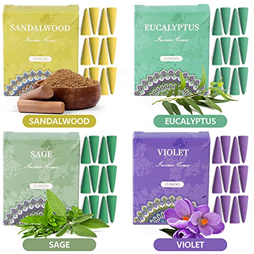 Incense Cones, Assorted Scented Incense Cones with Holder, Incense Gift Set for Mothers Day, Rose, Sage, Lavender, Violet, Cinnamon, Eucalyptus, Sandalwood, Rain Forest, 120 Cones Total