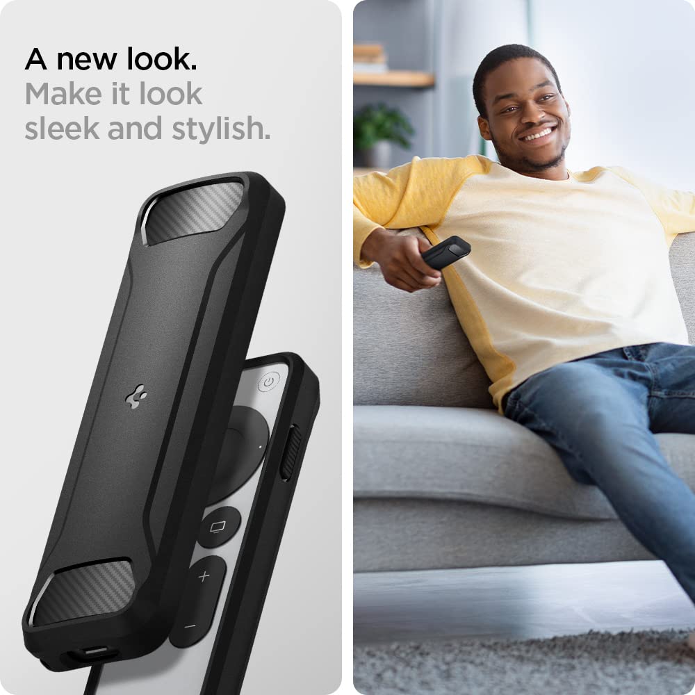 Spigen Rugged Armor Designed for Apple TV 4K 2021/2022 Siri Remote Case Cover with Shockproof Magnetic Technology and Wrist Strap (Metal Plate and Magnetic Included) - Black