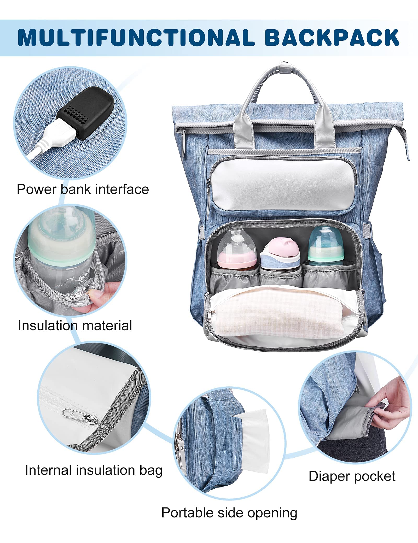 Diaper Bag Backpack, Large Baby Bag, Multi-Functional Travel Back Pack, Waterproof Maternity Nappy Bag Changing Bags with Insulated Pockets Stroller Straps