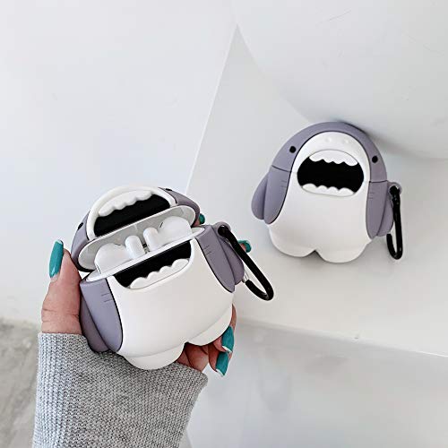 BONICI Protective Case for Huawei Freebuds 3, Creative Funny Cute Big Mouth Jumping Grey Shark Baby Soft TPU Silicone Rubber Earbud Earphone Rechargeable Cover Case Strong Protection +Hook